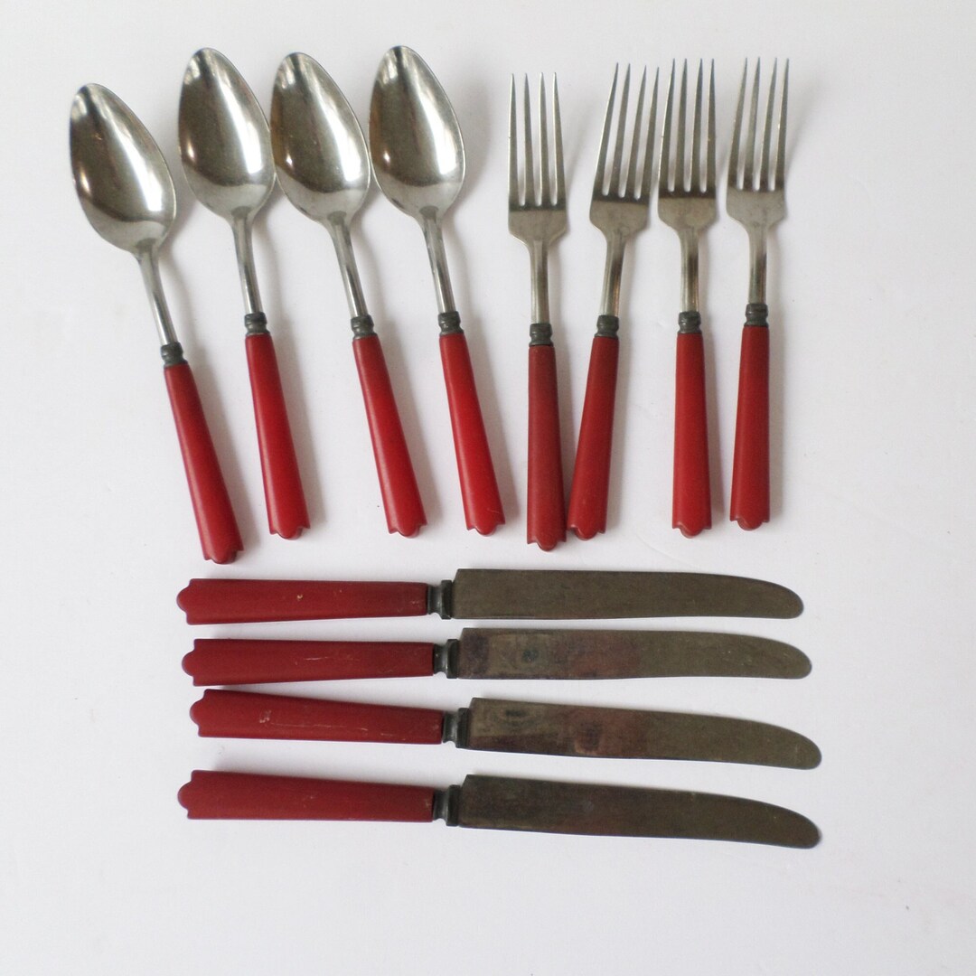 12 Piece Vintage Red Flatware Set - Etsy