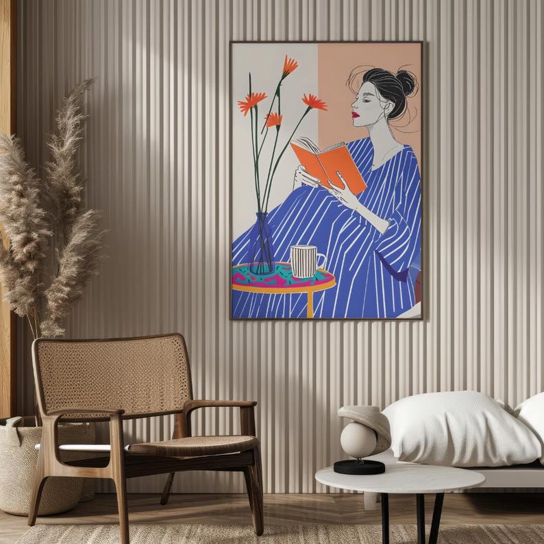 Girl Reading Print Woman Reading Poster Blue Striped Wall Art Library ...
