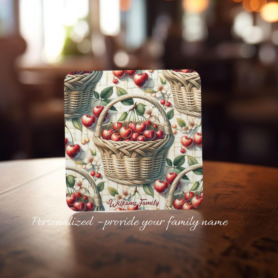 Personalized Name Cherry Themed Coasters Set Food Coasters Square Fruit ...