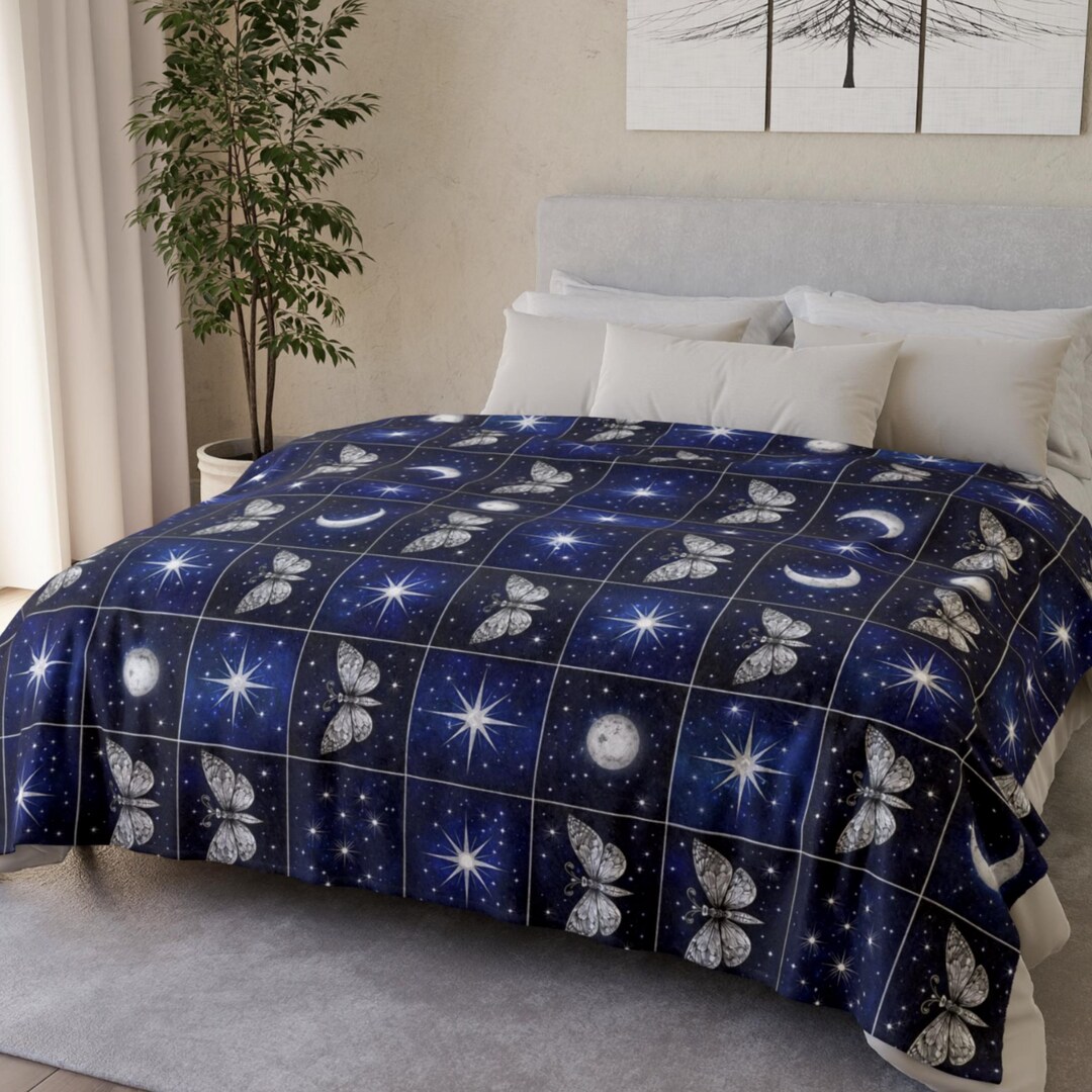 Moon and Moth Pattern Blanket Night Sky Stars Grid Polyester Throw - Etsy