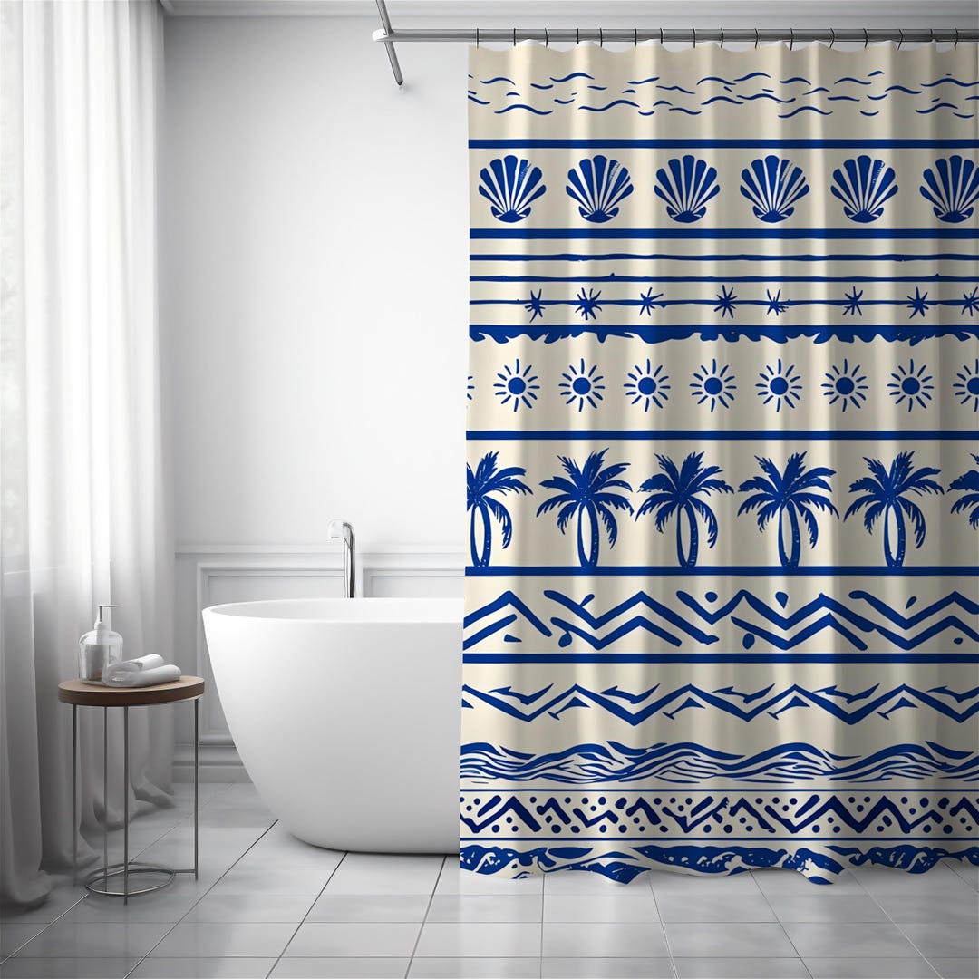 Ocean Blue Shower Curtain Wave Seashell Shower Curtain Coastal Curtain ...