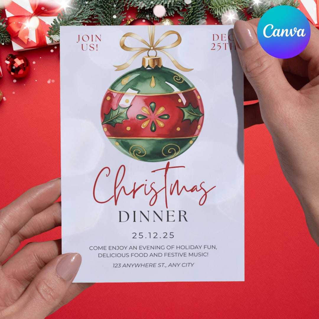 Editable Christmas Dinner Invitation | Christmas Tree Ornament | Canva ...