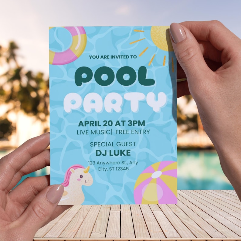 Editable Pool Party Invitation With Fun Illustration | Canva Template ...