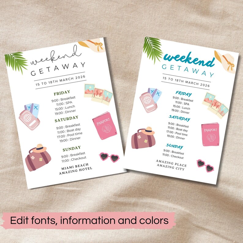 Editable Travel Itinerary | Weekend Vacation Planner | Getaway ...