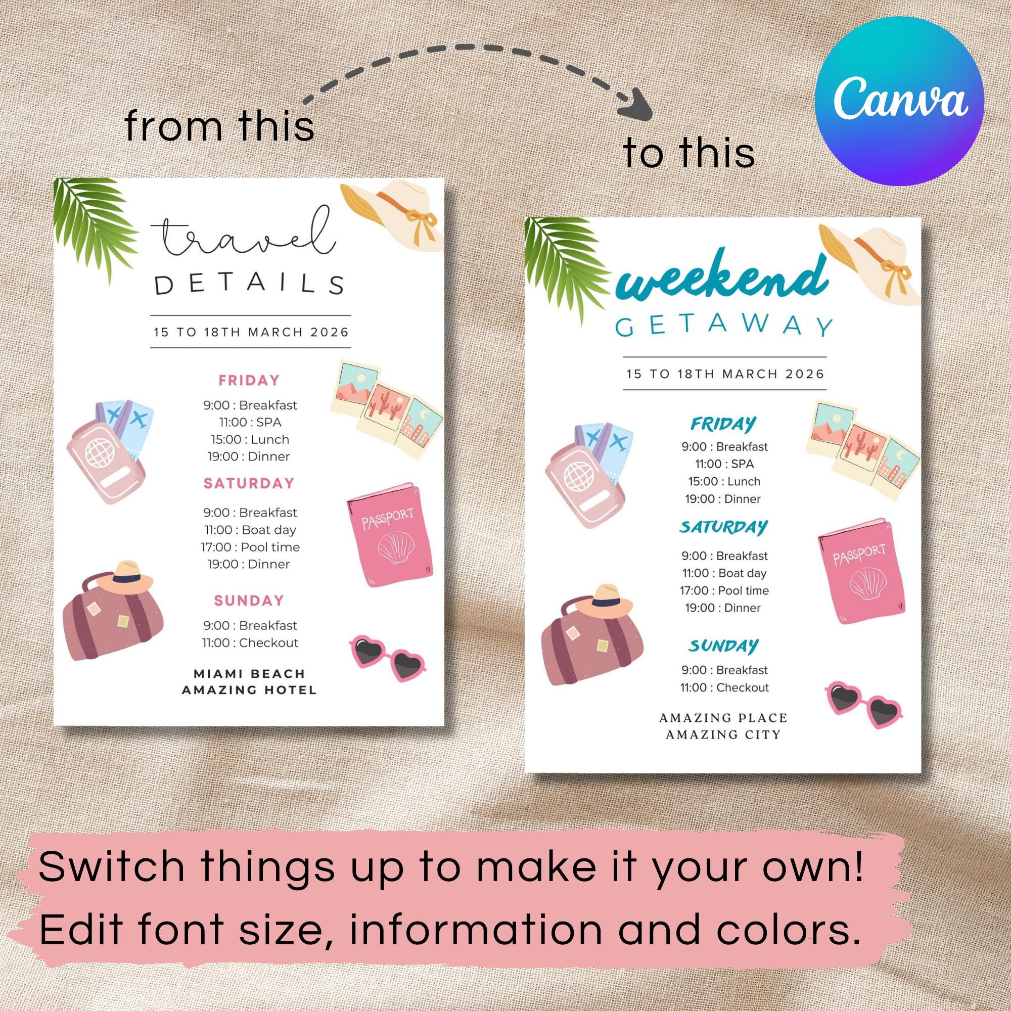 Editable Travel Itinerary | Weekend Vacation Planner | Getaway ...
