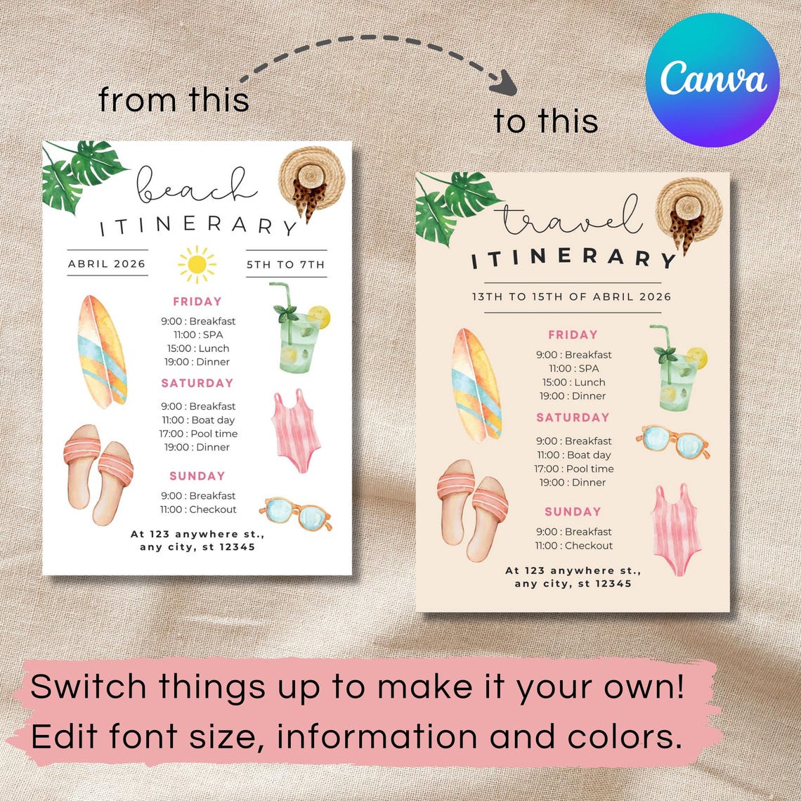 Editable Travel Itinerary | Beach Vacation Planner | Summer Destination ...