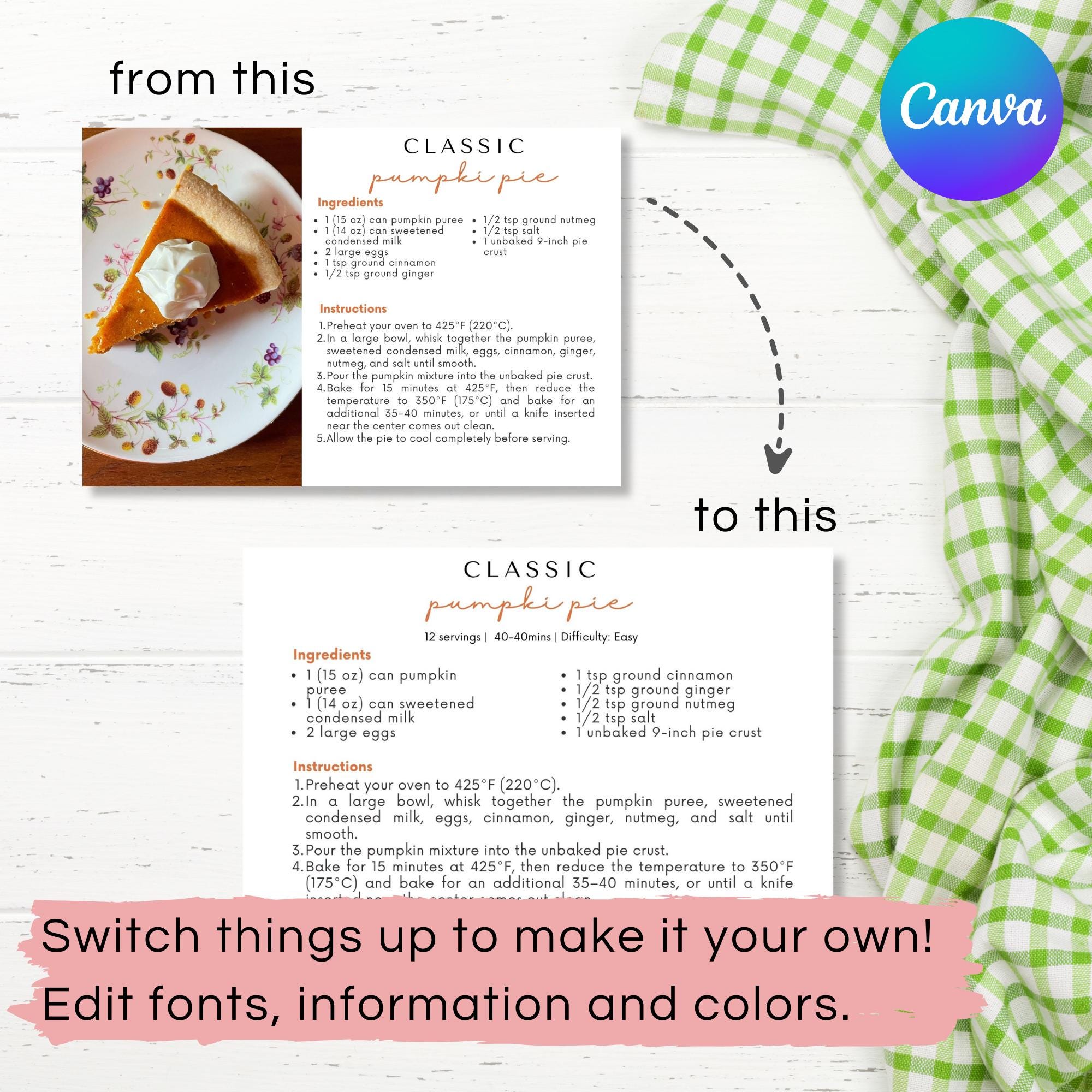 Customizable Recipe Card Template | Classic 4x6 Canva Template ...