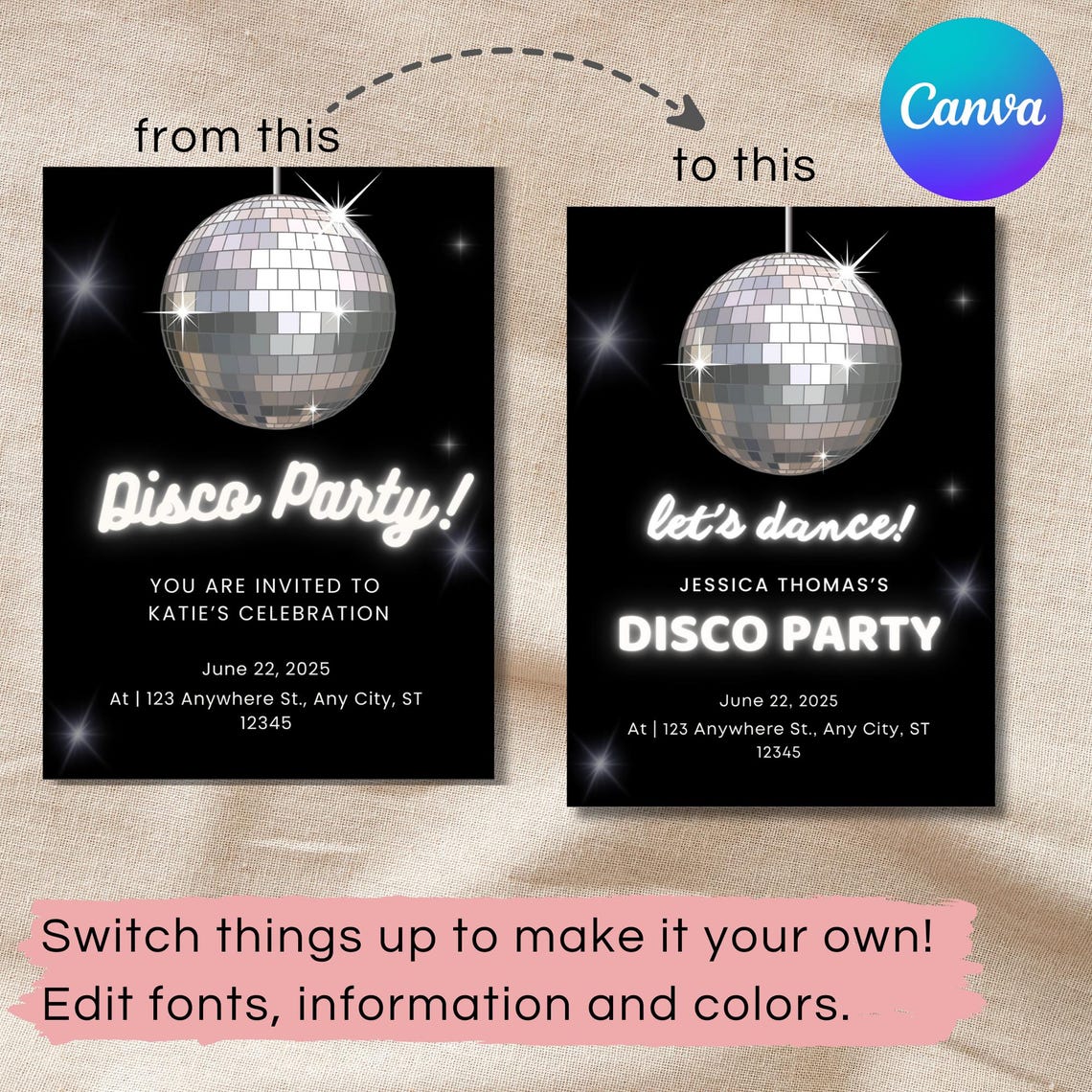 Editable Disco Party Invitation Canva Template | Disco Ball Party Theme ...