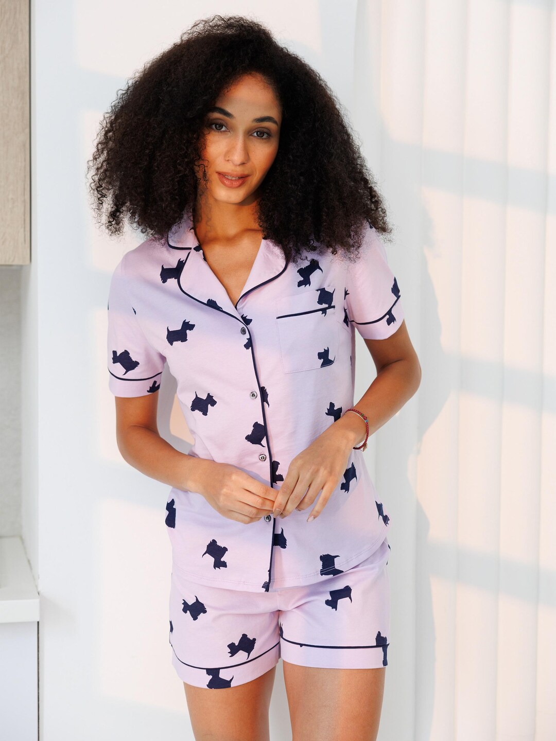 Lilac Cotton Pajama Set: Dog Print Sleepwear, Short Sleeve Shirt ...
