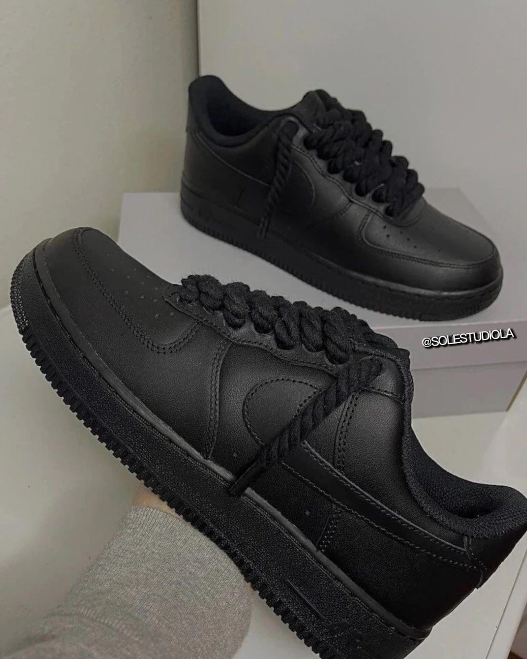 Custom Black Air Force 1 Shoes With Rope Laces, Handmade Unisex ...