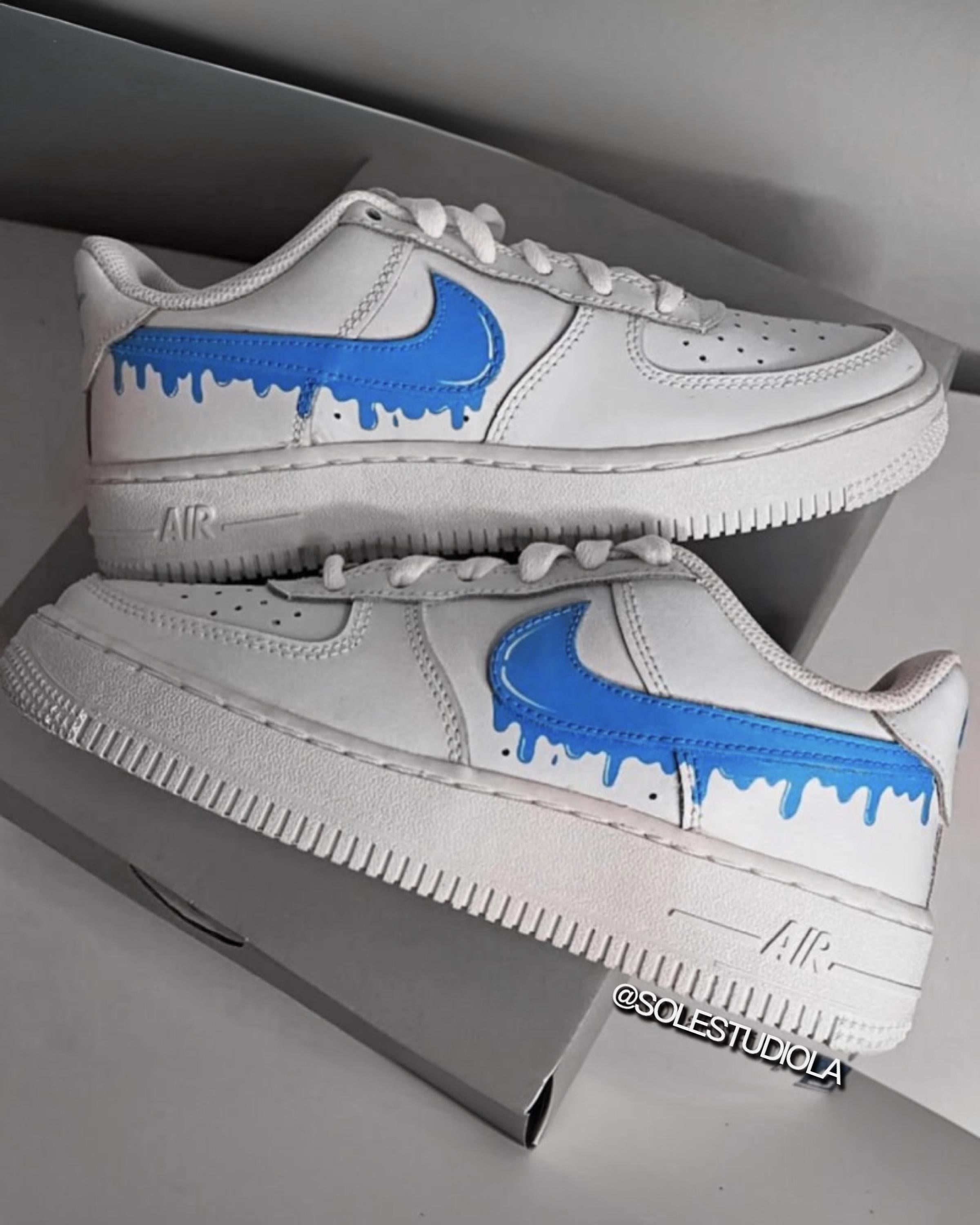 Custom Hand Painted Air Force 1 Sneakers With Blue Dripping Swoosh Logo ...