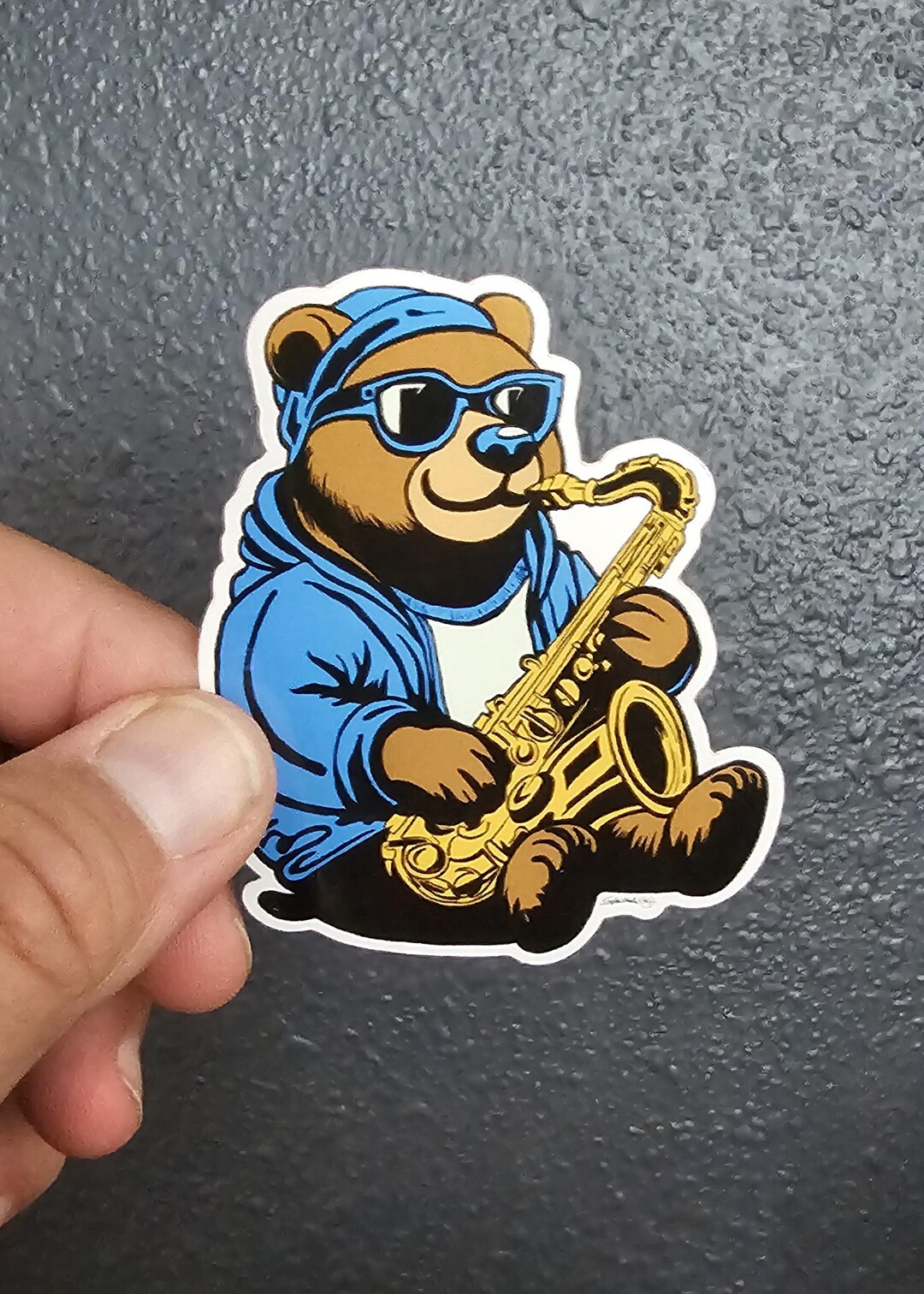 Jazzy Bear 2.41 X 3" Die Cut Sticker, Saxophone, Bear, Blue Hoodie ...