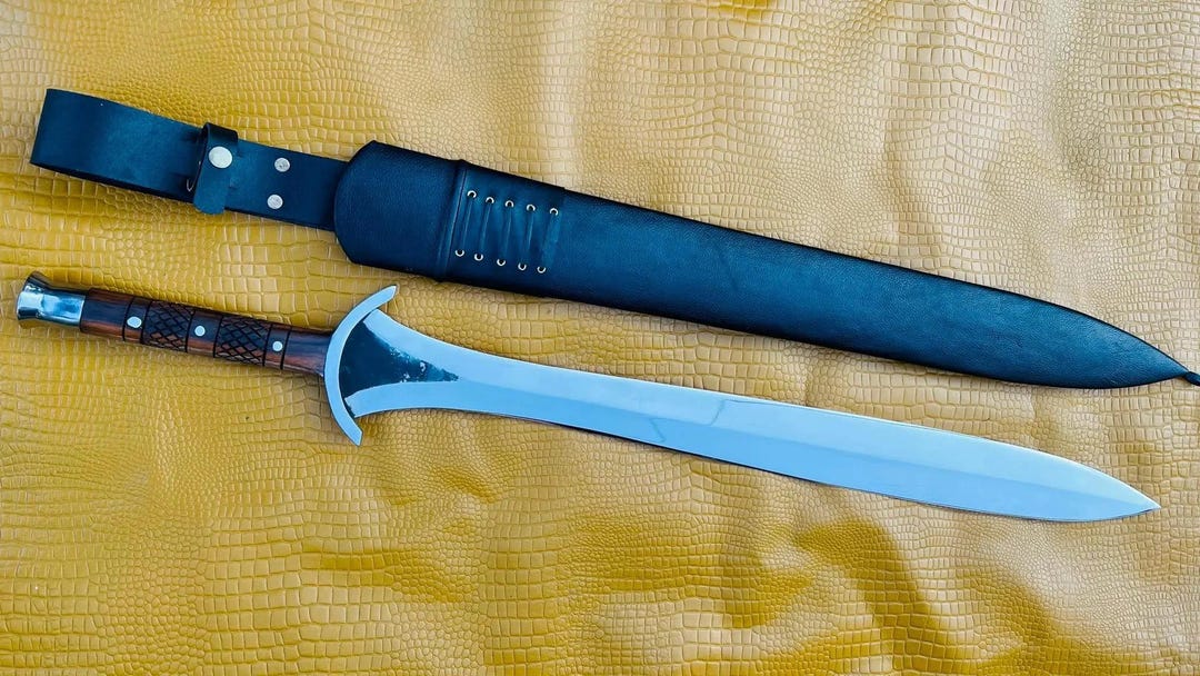 Hand-forged Leaf-shaped Sword: 28" Carbon Steel Blade, Leather Scabbard ...