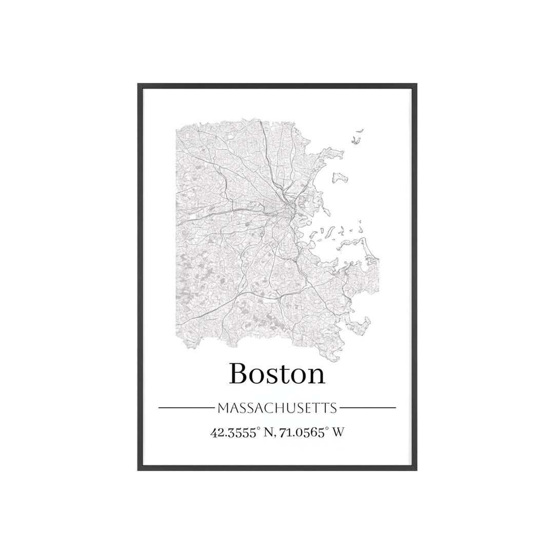 Boston Map Poster With Wooden Frame | Massachusetts City Coordinates - Etsy