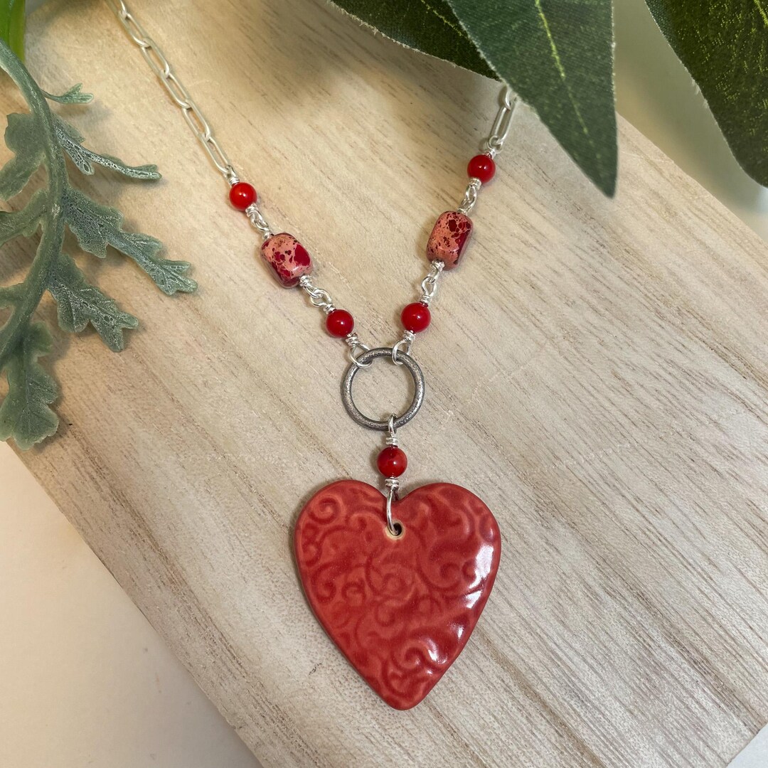 Red Swirl Heart Necklace, Heart Pendant, Unique Heart Charm, Valentines ...