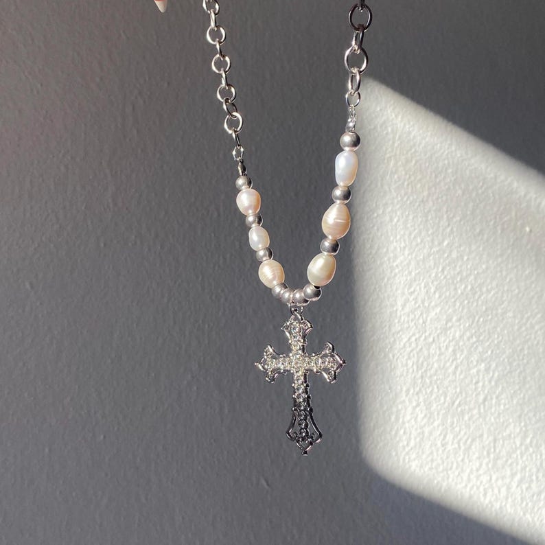 Handmade Pearl Cross Choker, Y2K Grunge Necklace - Etsy