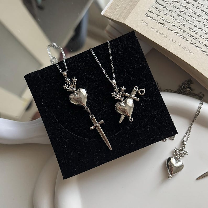 Heart and Sword Necklace Couple Jewelry, Silver Necklace, Y2k Jewelry ...