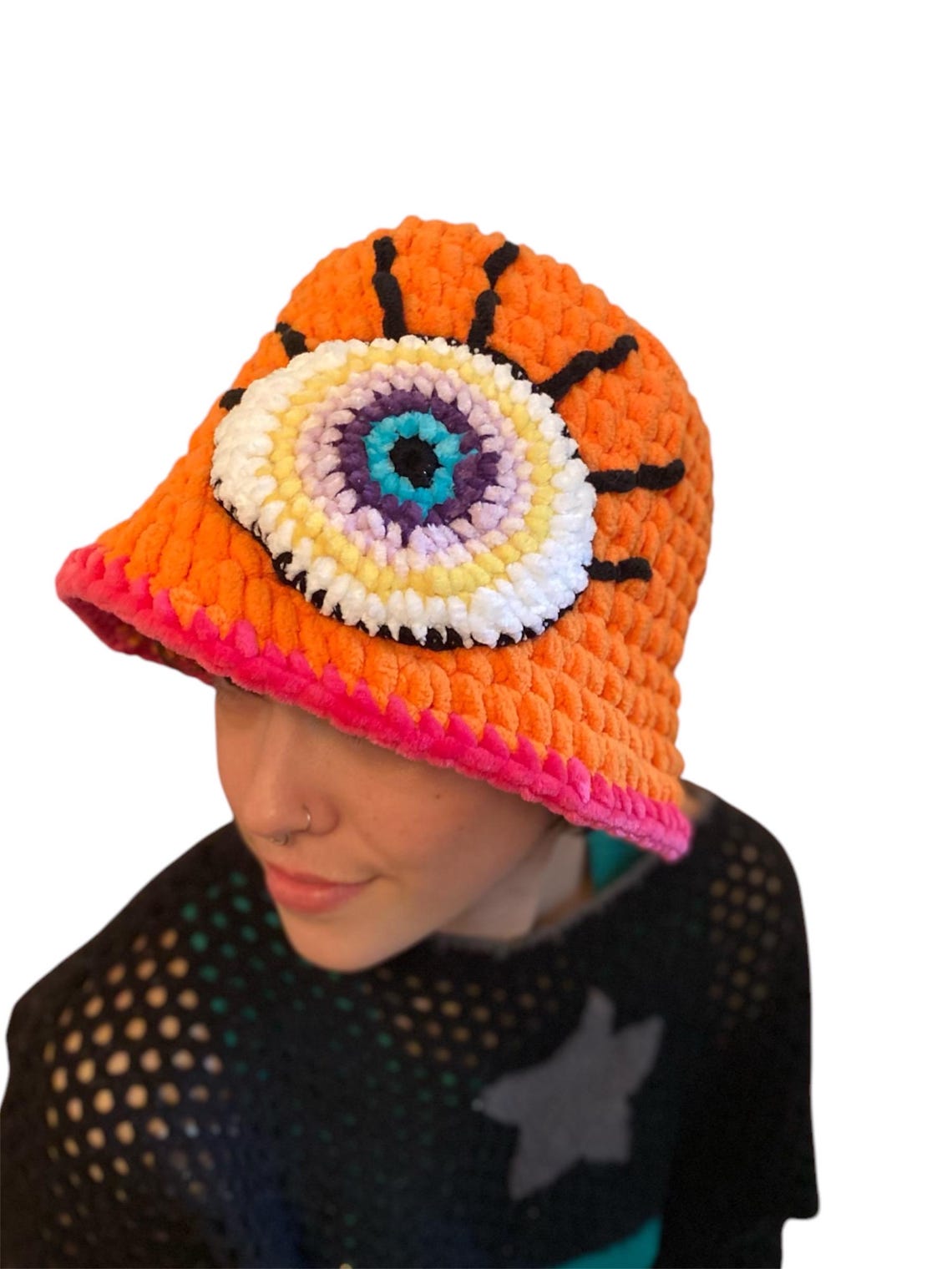 Orange Evil Eye Crochet Bucket Hat - Festival - Rave Accessory ...