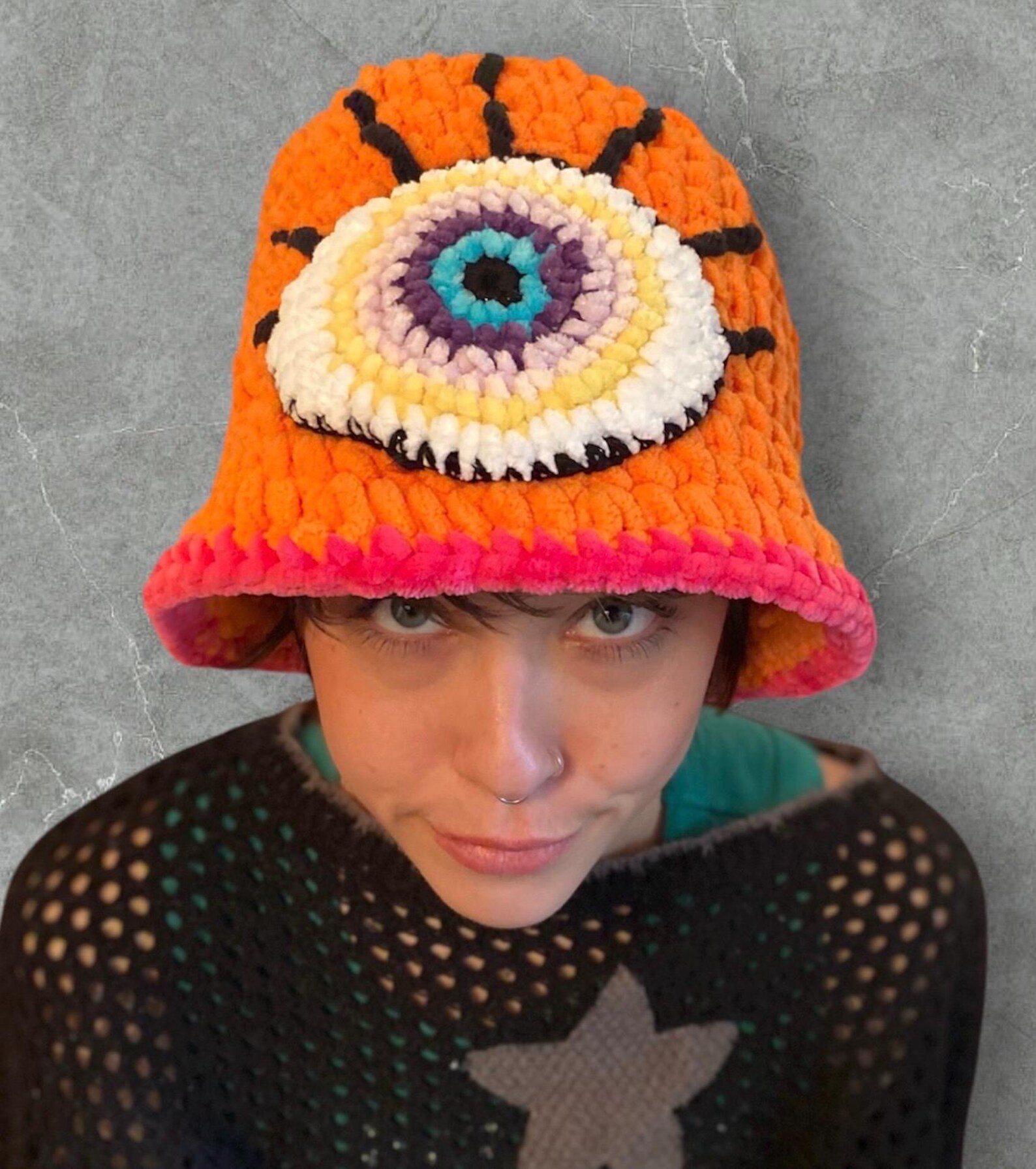 Orange Evil Eye Crochet Bucket Hat - Festival - Rave Accessory ...
