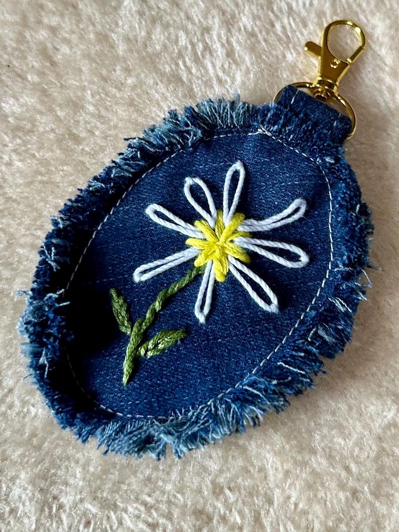 Hand Embroidered Denim Keychain: Upcycled Boho Bag Accessory - Etsy
