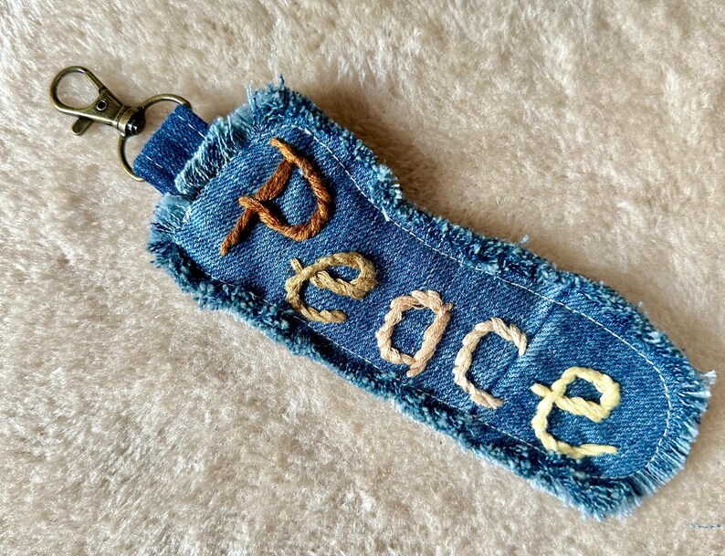 Hand Embroidered Denim Keychain: Upcycled Boho Bag Accessory - Etsy