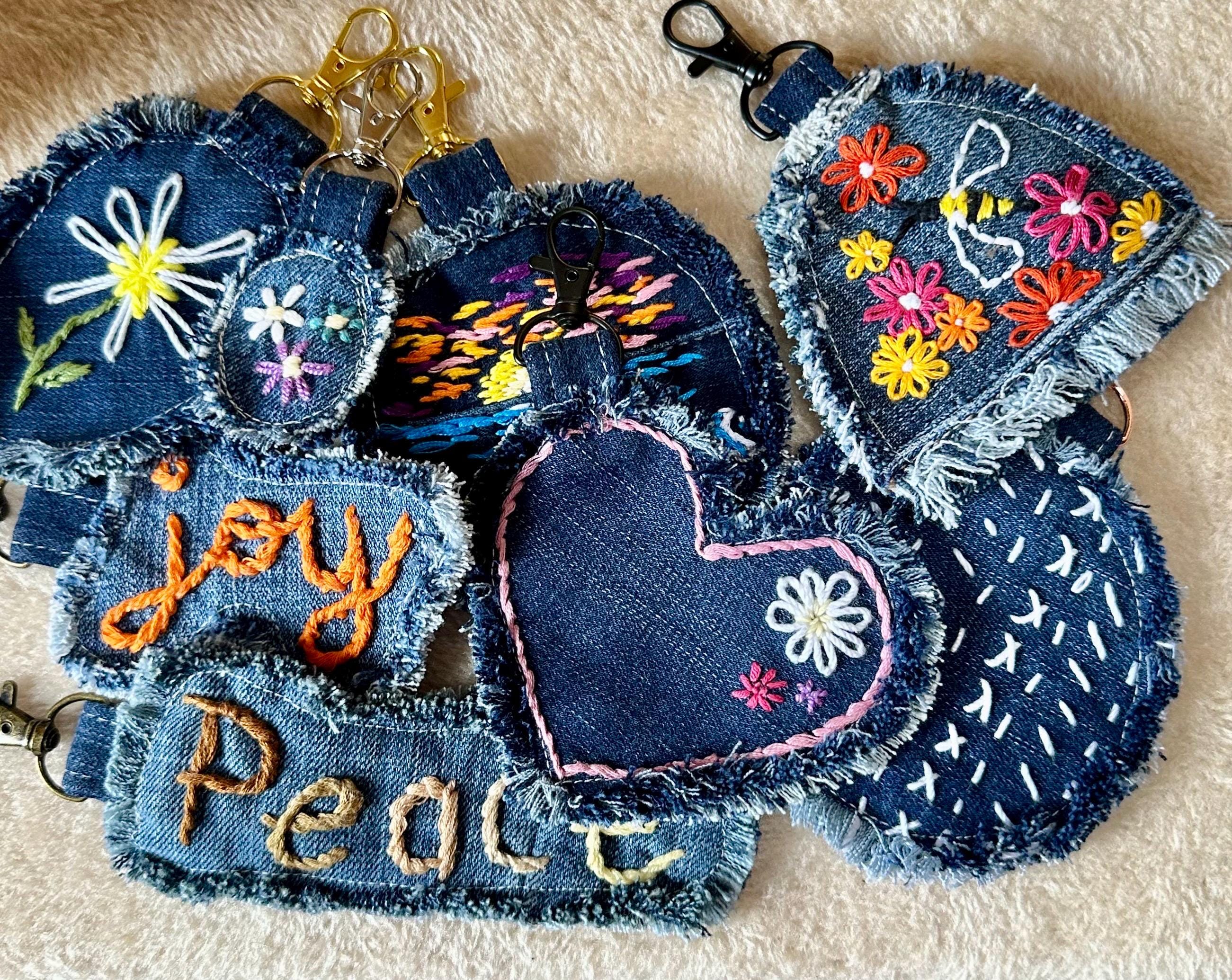 Hand Embroidered Denim Keychain: Upcycled Boho Bag Accessory - Etsy