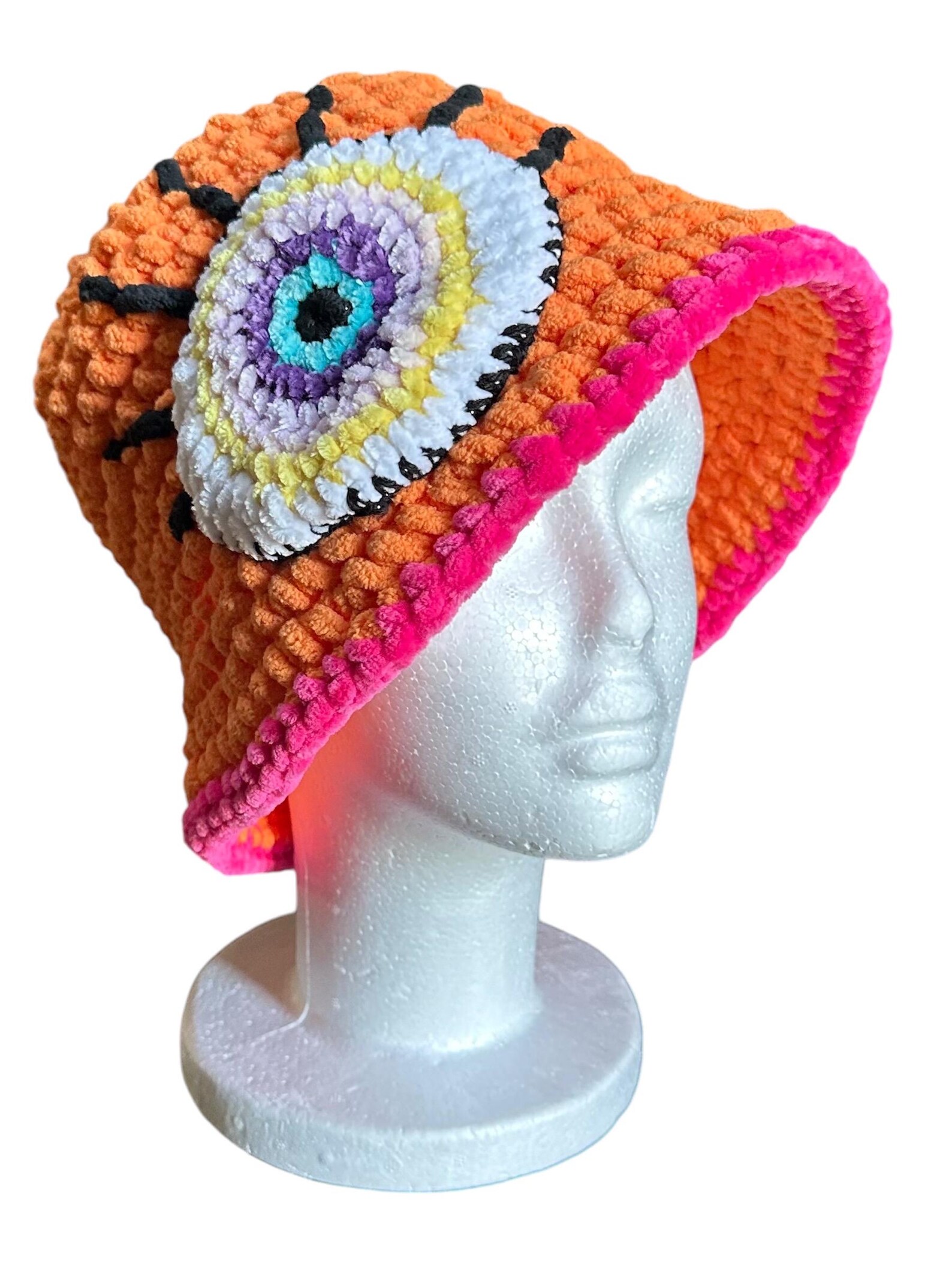 Orange Evil Eye Crochet Bucket Hat - Festival - Rave Accessory ...