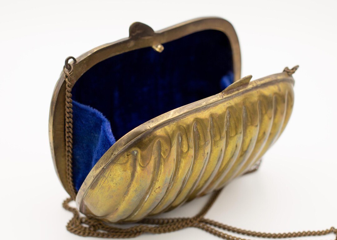 Vintage Brass Clamshell Purse, Velvet Lined Clutch, 1970s Purse, Metal ...