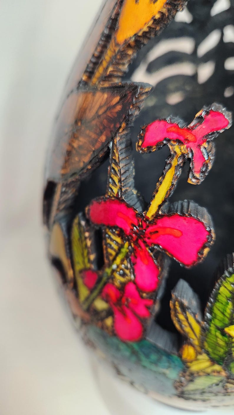 Hand Carved Wood Gourd Vase: Colorful Flowers, Modern Garden Art ...