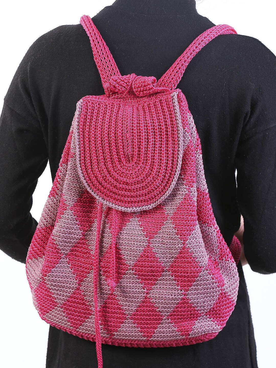 Handmade Crochet Drawstring Backpack | Pink and Mauve Diamond Pattern ...