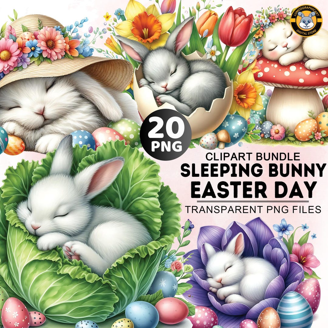 20+ Cute Easter Bunny Bundle Clipart PNG, Watercolor Cute Sleeping ...