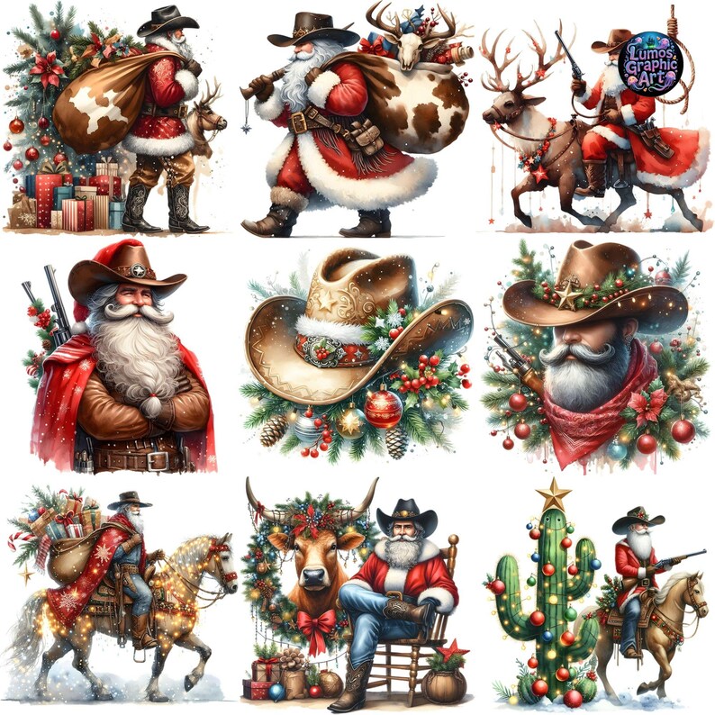 20+ Watercolor Cowboy Santa Christmas Clipart, Wild West Western Png ...