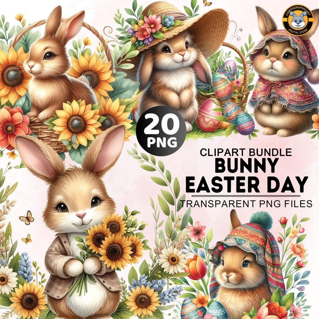 20+ Happy Easter Bunny Bundle Clipart PNG, Watercolor Easter Bunny PNG ...