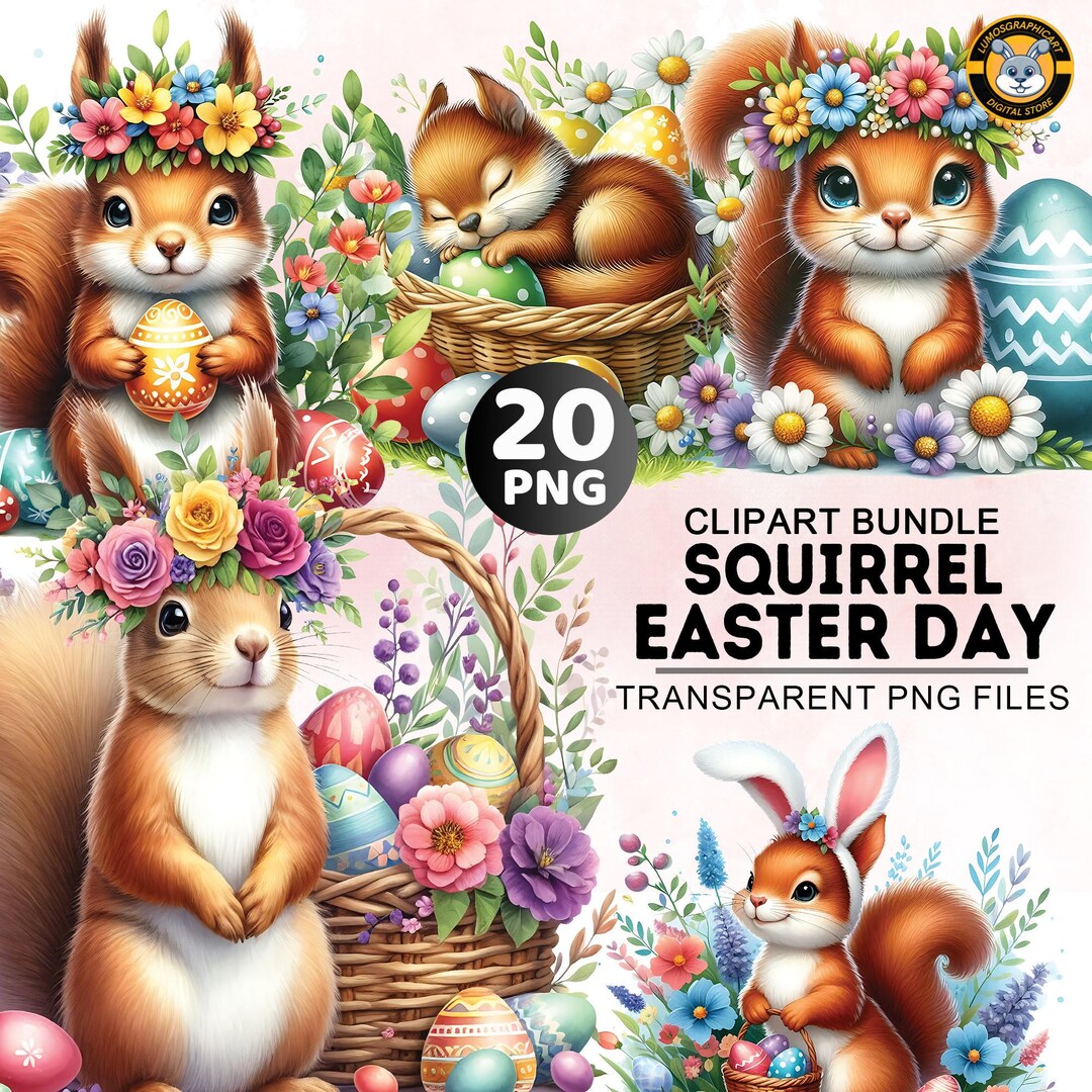 20+ Spring Squirrel Bundle Clipart PNG, Watercolor Easter Squirrel PNG ...