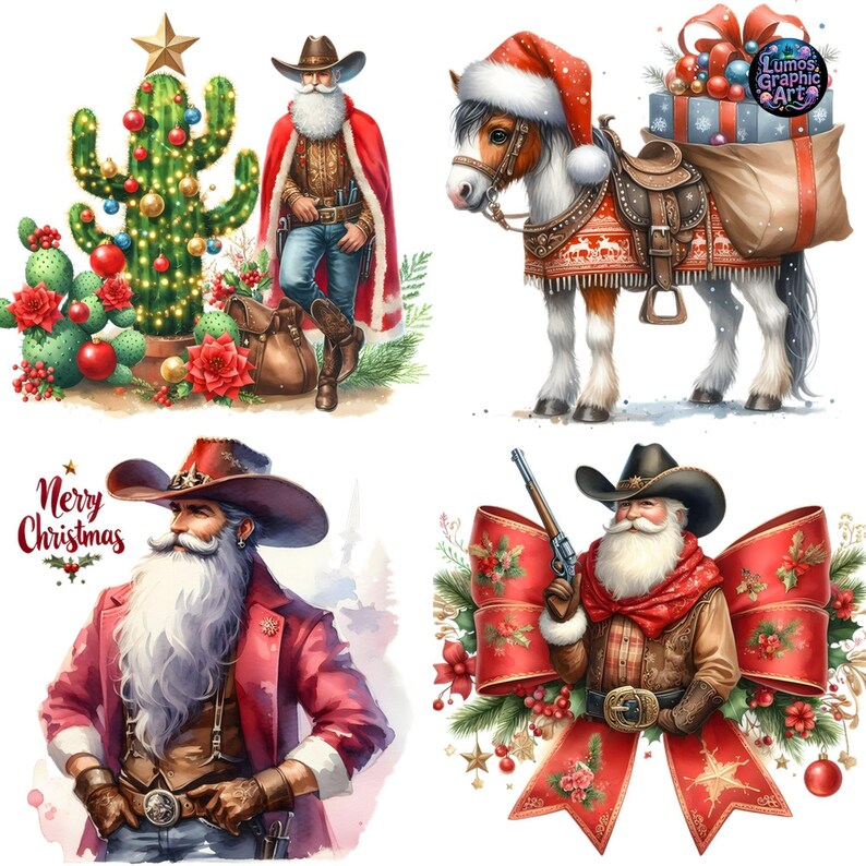 20+ Watercolor Cowboy Santa Christmas Clipart, Wild West Western Png ...