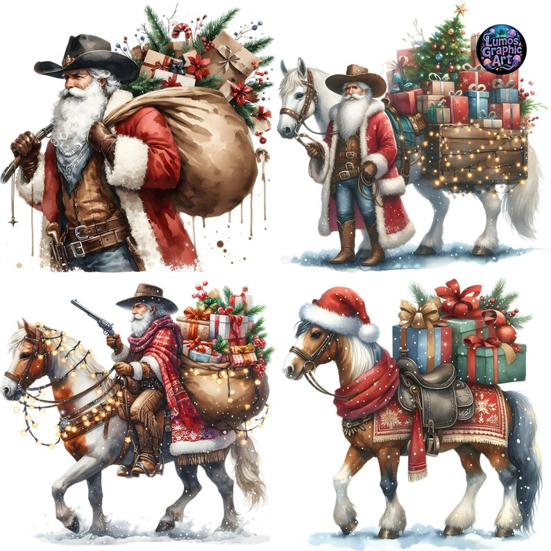 20+ Watercolor Cowboy Santa Christmas Clipart, Wild West Western Png ...