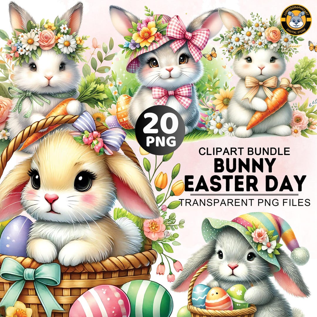 20+ Spring Bunny Bundle Clipart PNG, Watercolor Easter Bunny PNG, Happy ...