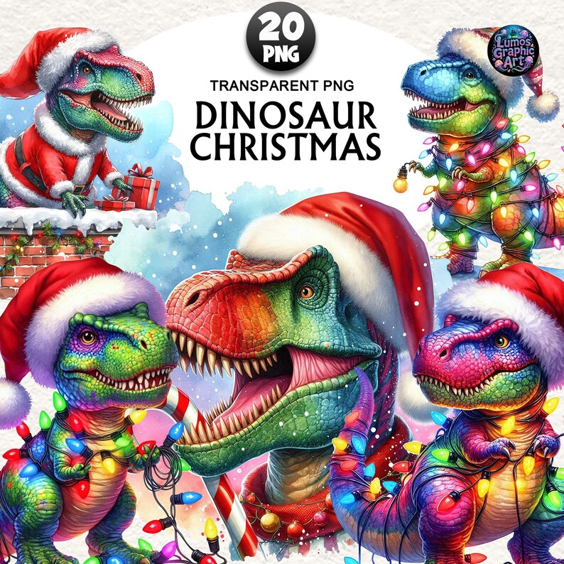 20+ Watercolor Dinosaur Christmas Clipart, T-rex Christmas Png Bundle ...