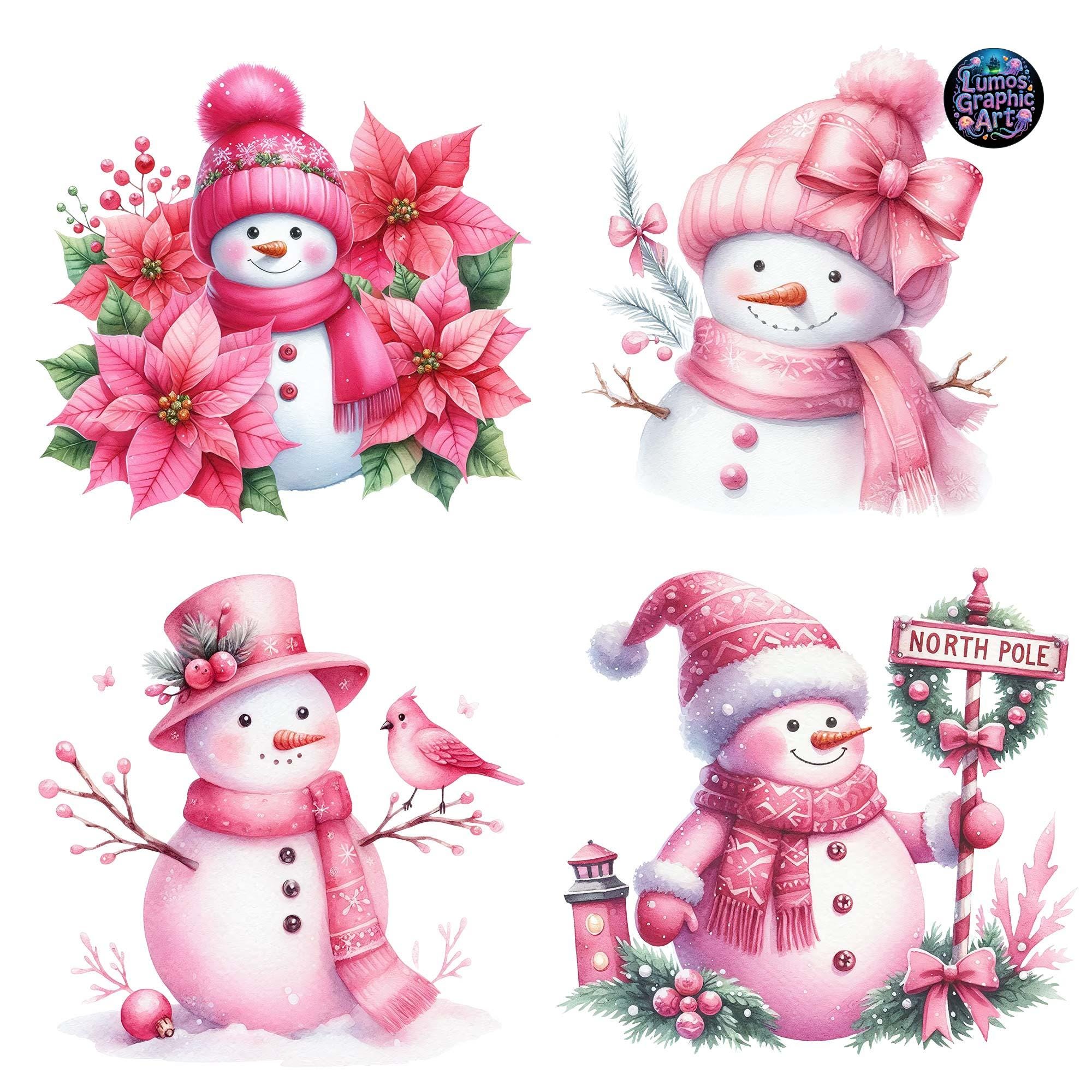 30+ Watercolor Pink Snowman Clipart, Festive Snowman Png Bundle, Cute ...