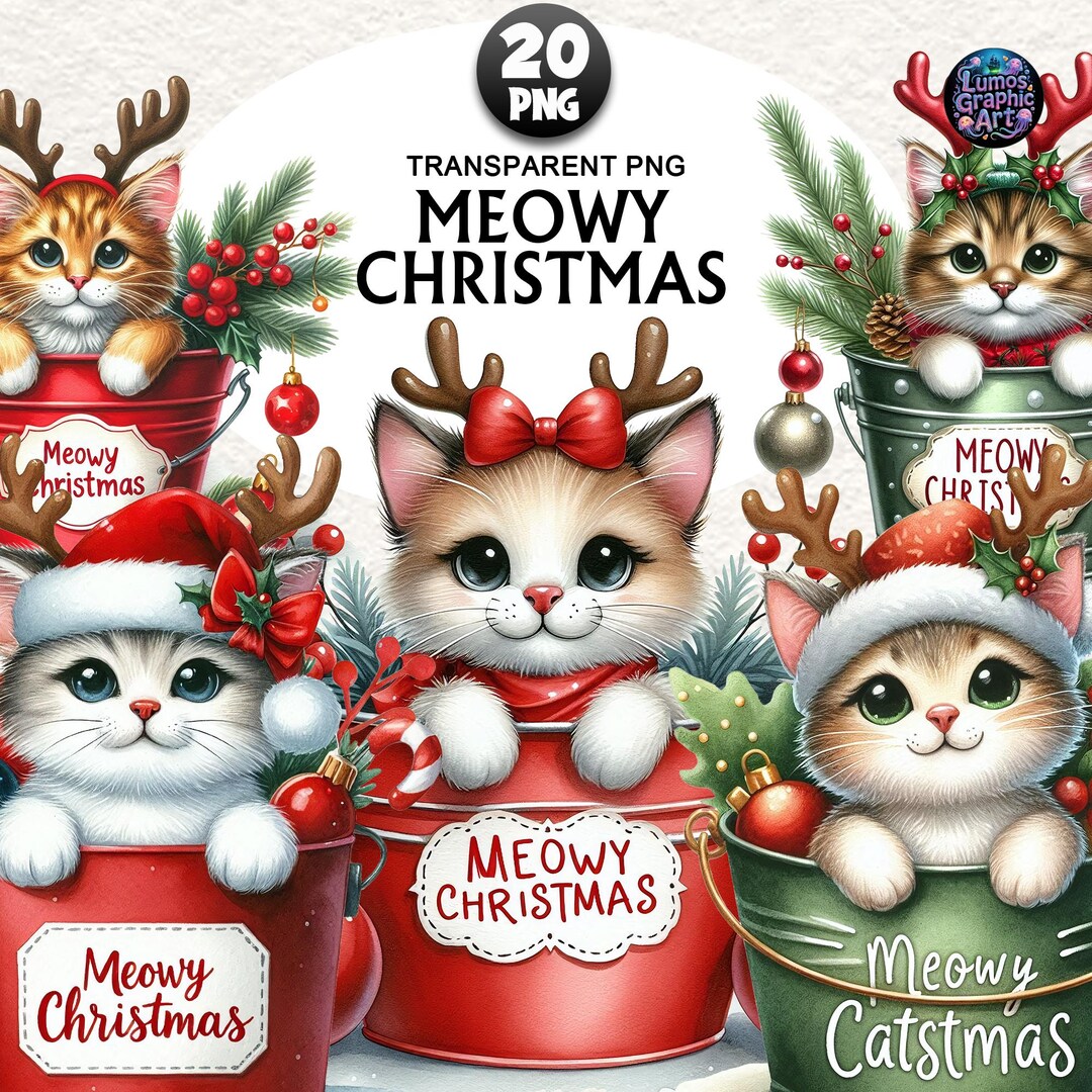 20+ Watercolor Meowy Christmas Clipart, Cats Christmas Png Bundle ...