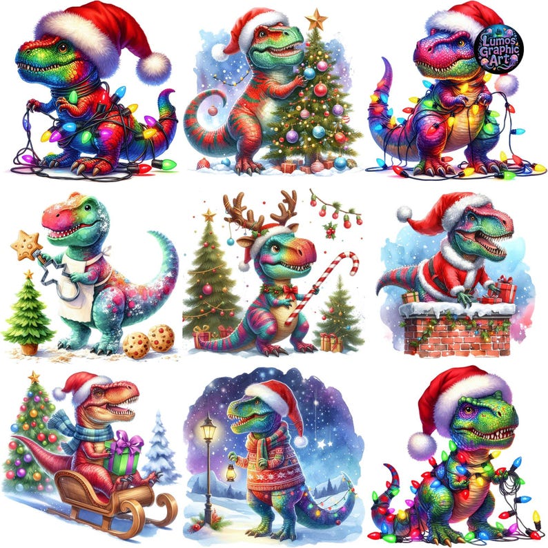 20+ Watercolor Dinosaur Christmas Clipart, T-rex Christmas Png Bundle ...