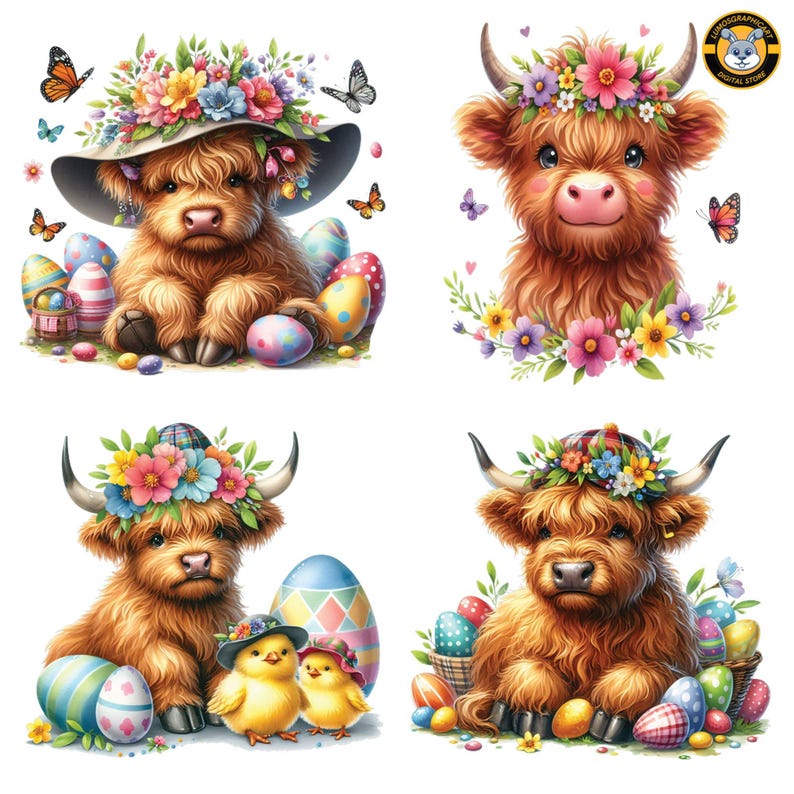 20+ Cute Baby Cow Bundle Clipart PNG, Watercolor Easter Highland Cow ...