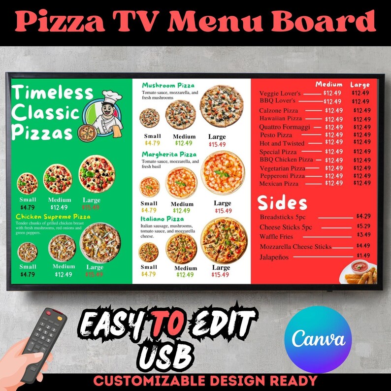 Personalized TV Pizza Menu Custom Digital Pizza Menu for Restaurants ...