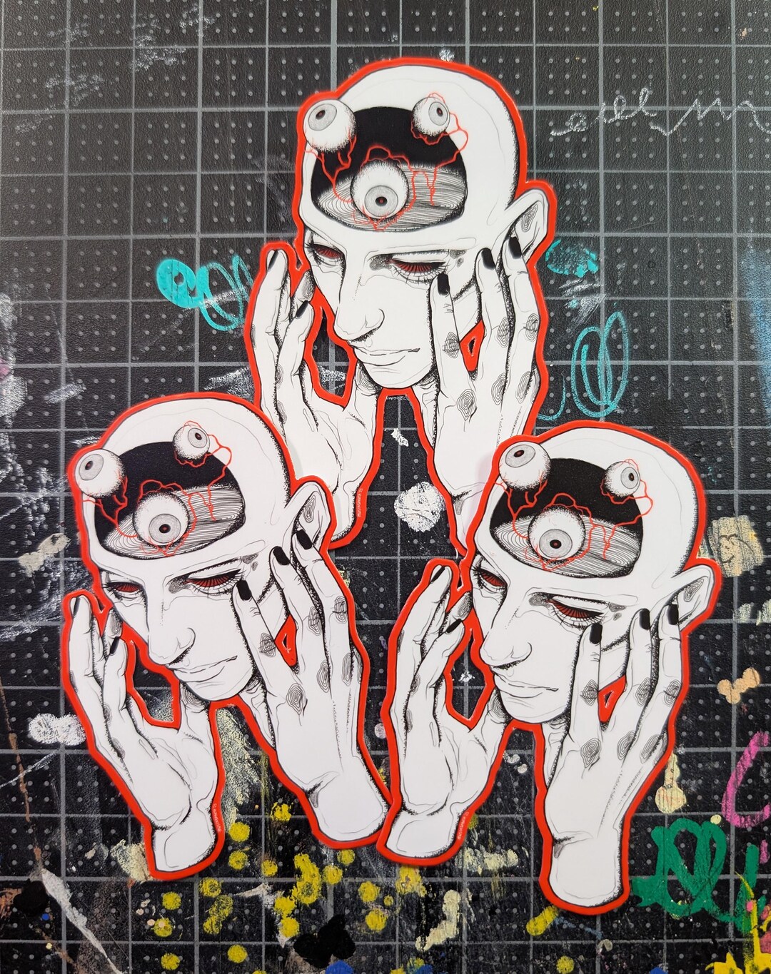 Creepy Art Floating Head and Hands With Eyeballs Original Artwork ...