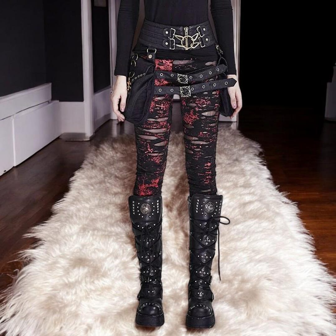 Gothic Punk Rave Ripped Leggings With Steampunk Charmblack Red ...