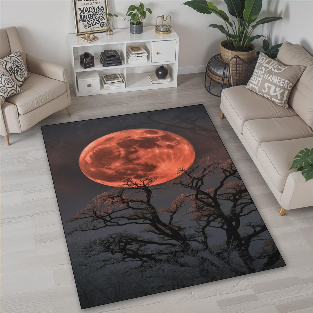 Moon Rug, Full Moon Rug, Moon Tree Decor Rug, Forest Area Art Rug ...