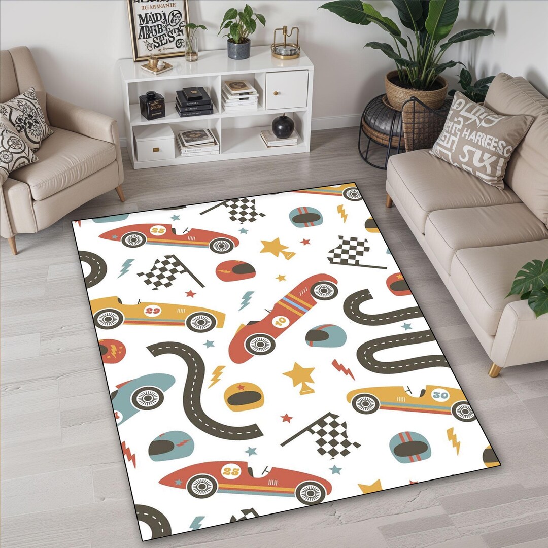 Racing Cars Rug, Inspired Rug Carpet Decor, Play Gaming Room Rug ...