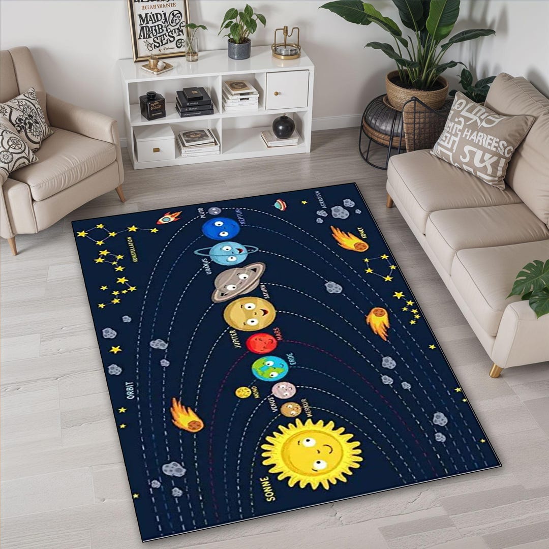 Vibrant Cute Kids Solar System Printed Kids Room Rug, Educational Solar ...
