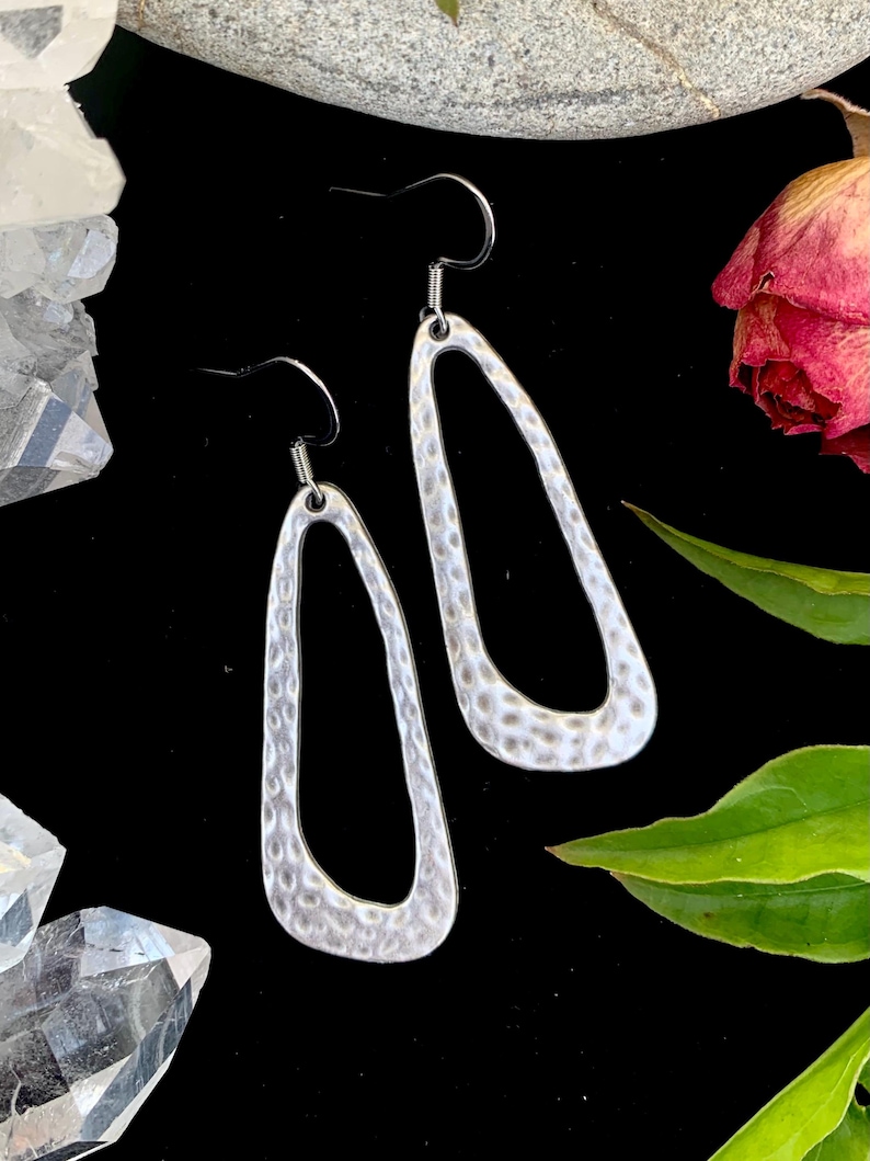 Hammered Silver Oblong Aesthetic Earrings Hypoallergenic Antique Silver Abstract Geometric ...