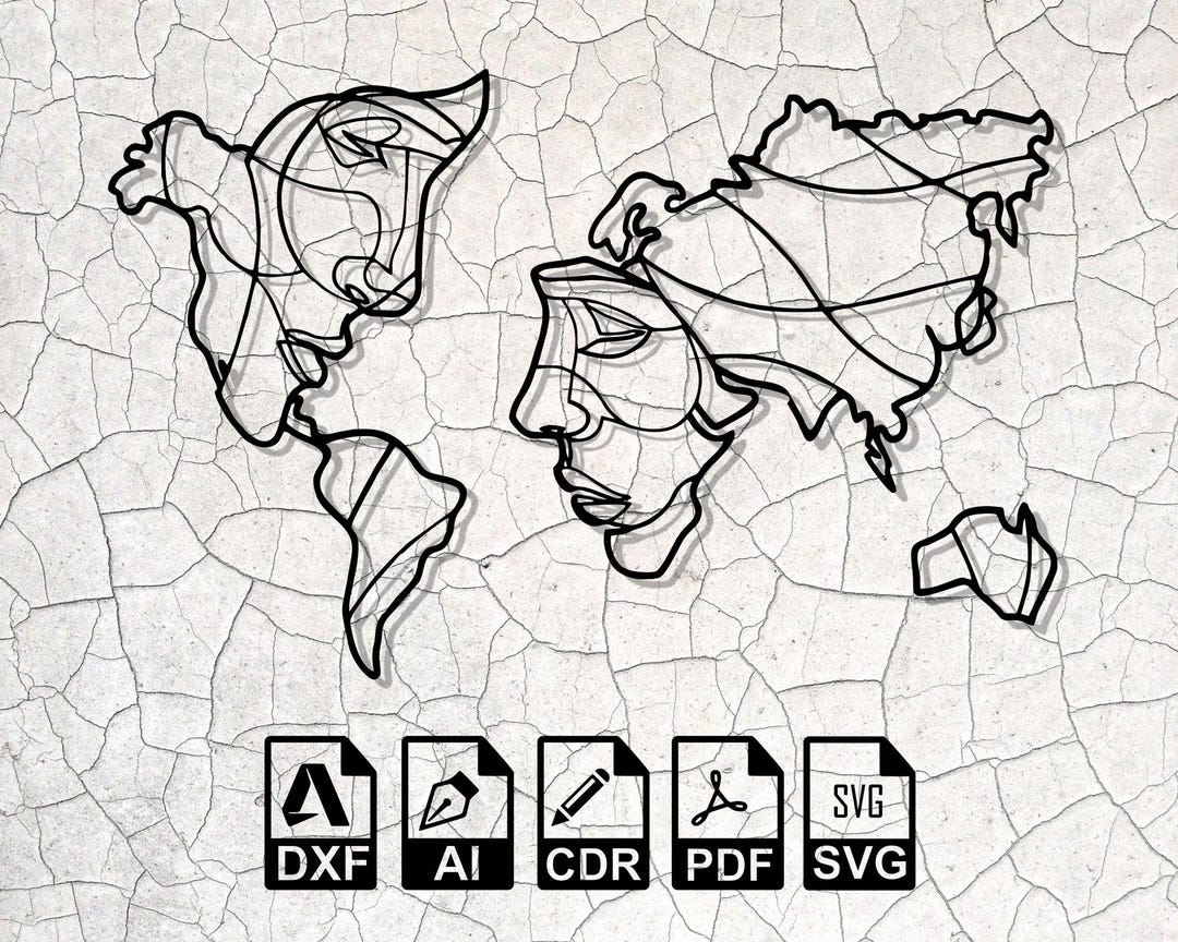 World Map Globe Faces Wall Art SVG DXF Files | Laser Cut Silhouette ...
